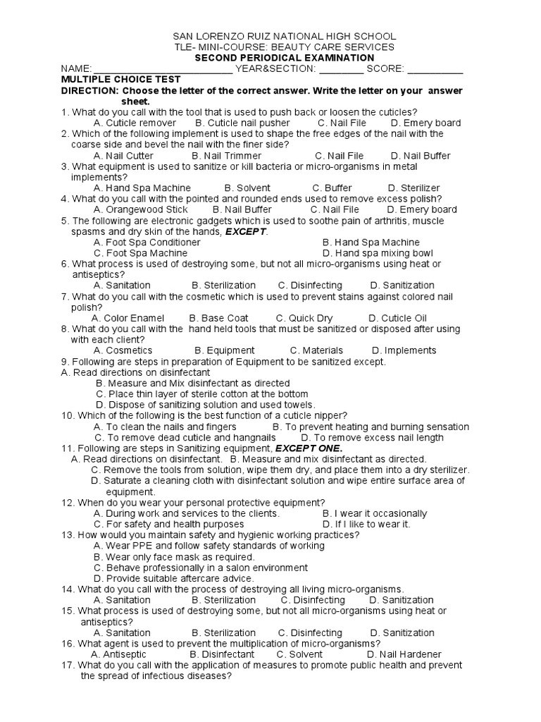 TLE-MINI-COURSE: BEAUTY CARE SERVICES EXAM | PDF | Nail (Anatomy ...