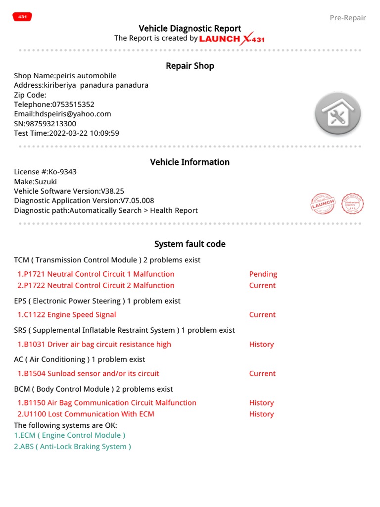 Vehicle Diagnostic Report Reveals Transmission, Steering, Airbag and AC ...