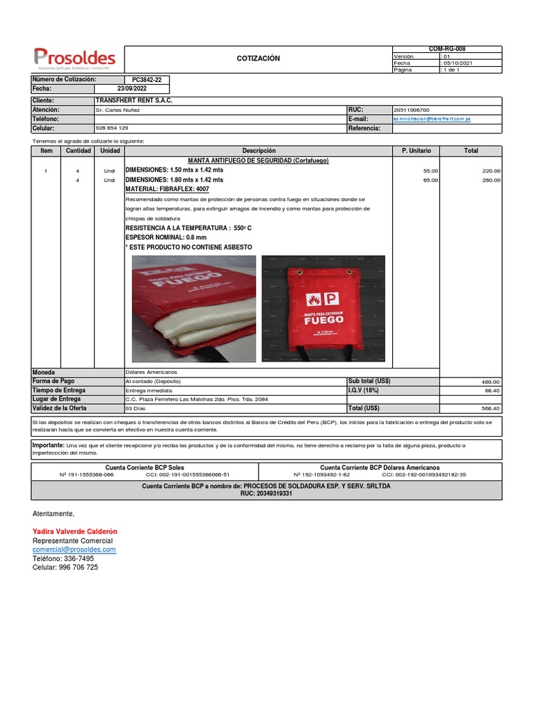 PC3842-22 Transfhert Rent S.A.C. - Manta para Extinguir Fuego Fibraflex ...