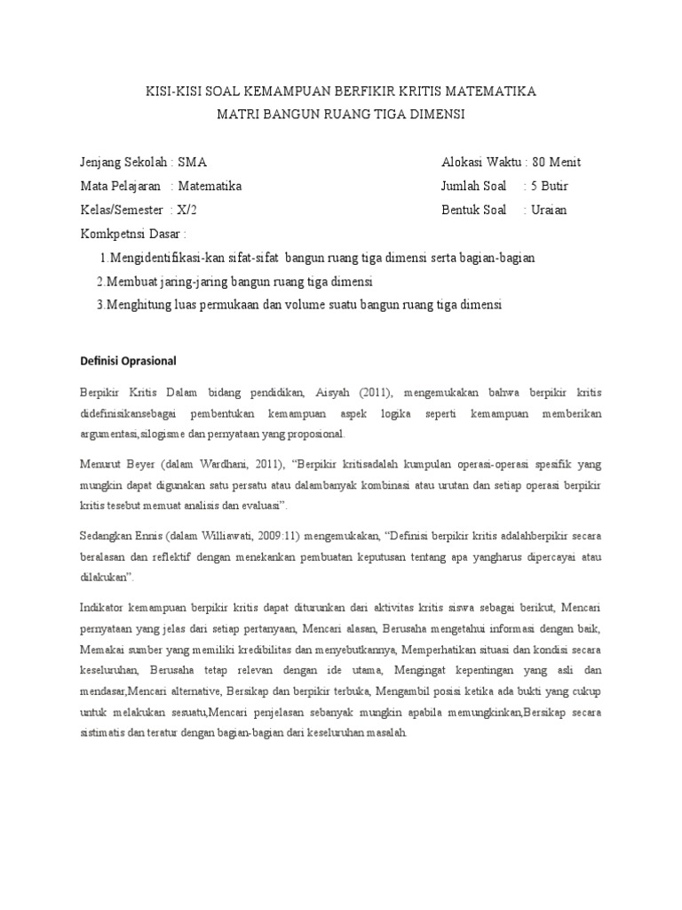 Draf Kisi-Kisi Kemampuan Berfikir Kritis Matematika (Dina Rahayu) | PDF