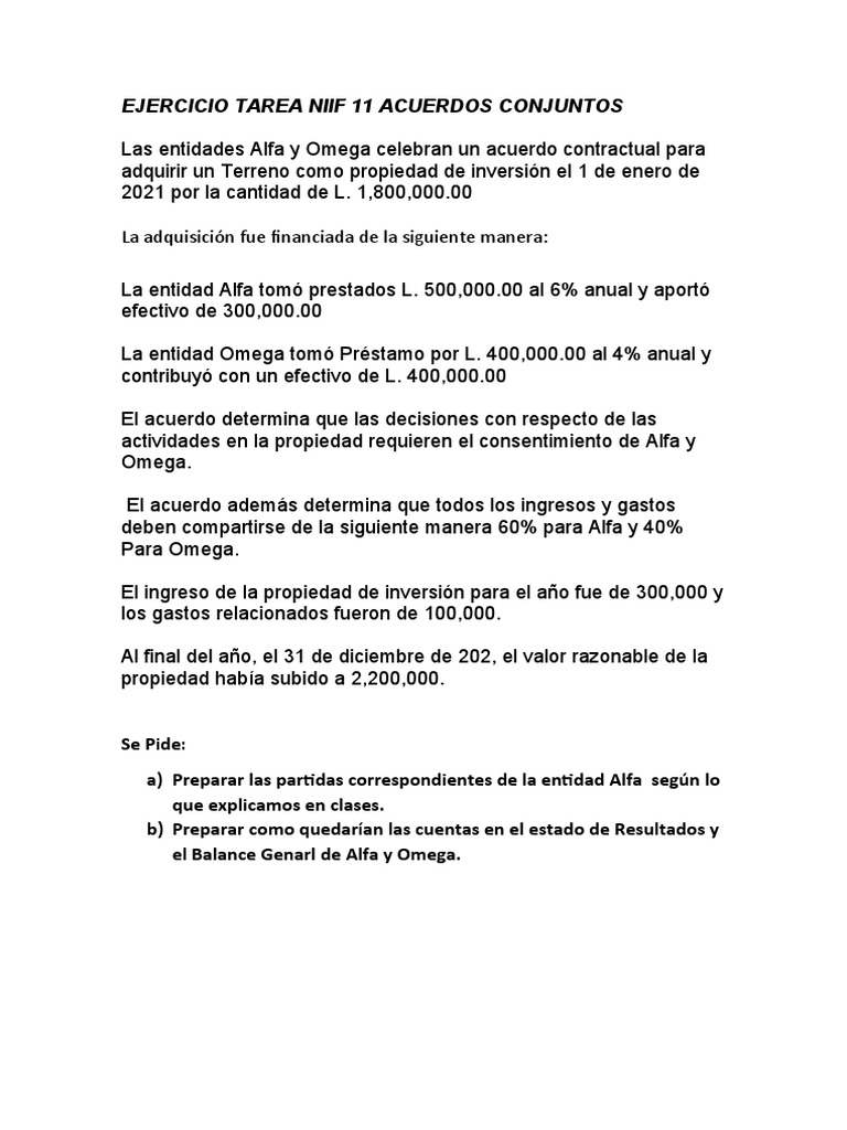 Ejercicio Tarea Niif 11 Acuerdos Conjuntos | PDF