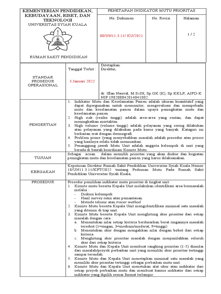 Spo Penetapan Indikator Mutu Prioritas Rs-Unit | PDF