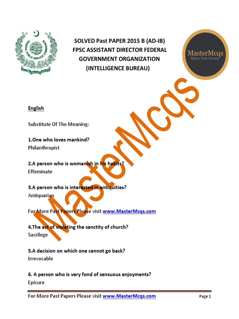 FPSC PAST PAPER 2015 B AD-IB SOLVED | PDF