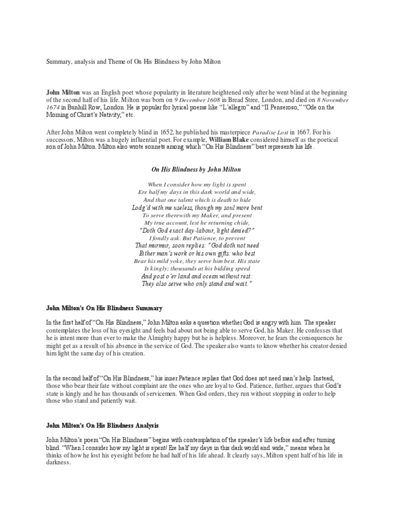 On His Blindness | PDF | Sonnets | Poetry