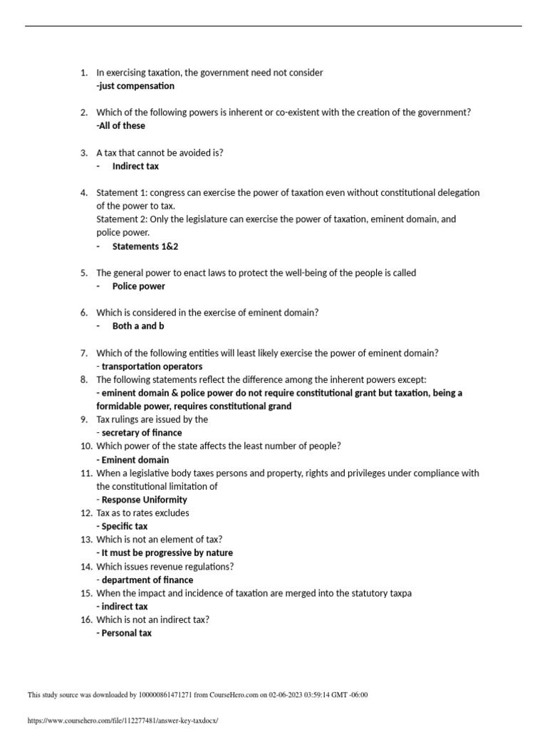 Answer Key Tax | PDF | Taxes | Eminent Domain