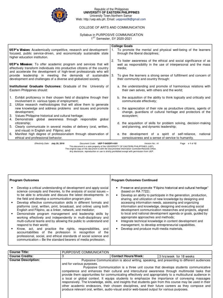 Purposive Comm Syllabus UEP | PDF | Communication | Information