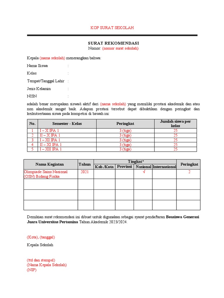 Template Surat Rekomendasi Beasiswa Generasi Juara | PDF