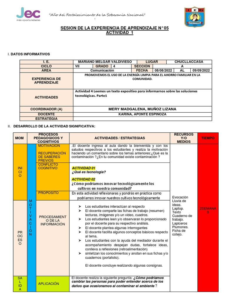FORMATO DE SESIÓN DE APRENDIZAJE 2 Karina Actividad 1 Comunicacion | PDF | Aprendizaje ...