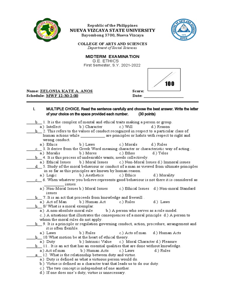 Midterm Exam in Ge Ethics Drafts | PDF | Morality | Virtue