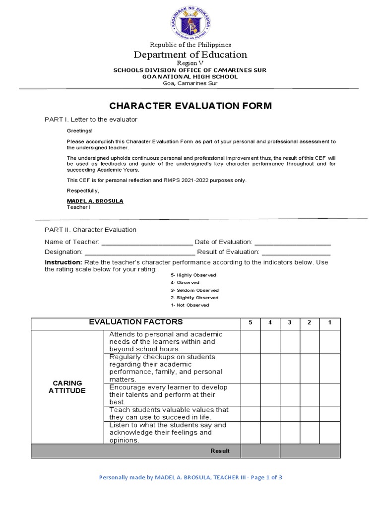 CHARACTER-EVALUATION-FORM | PDF | Teachers | Human Communication