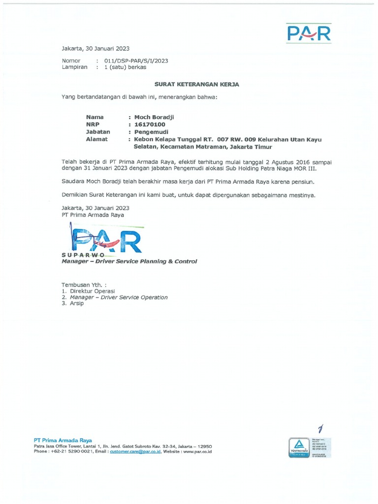 Surat Paklaring Pengemudi Patra Niaga MOR III (Moch Boradji) | PDF