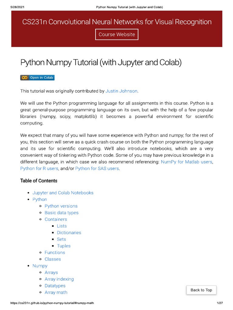 Python Numpy Tutorial by Justin Johnson | PDF