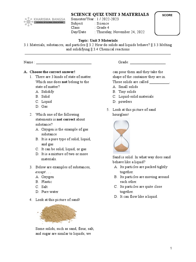 G4 Science Quiz Unit 3 | PDF | Solid | Liquids