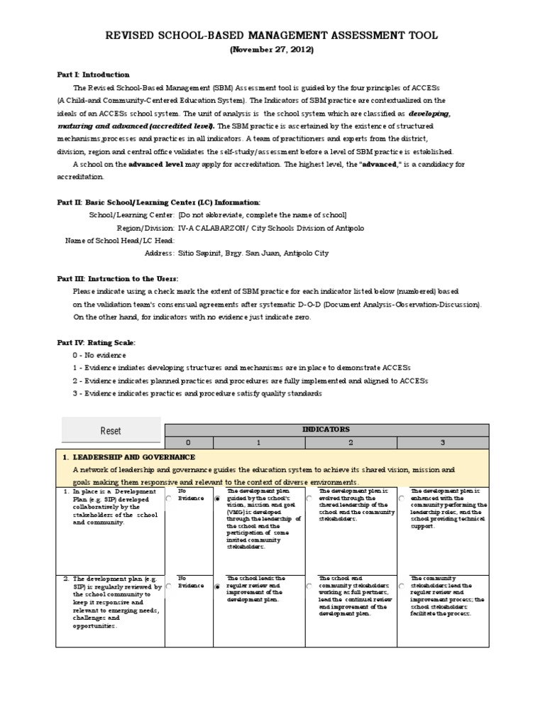 Revised SBM Assessment Tool Guide | PDF | Learning | Leadership