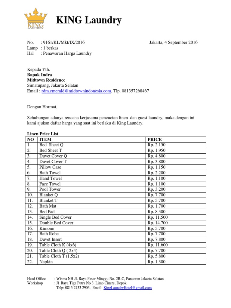 Contoh Surat Penawaran Jasa Laundry Hote | PDF