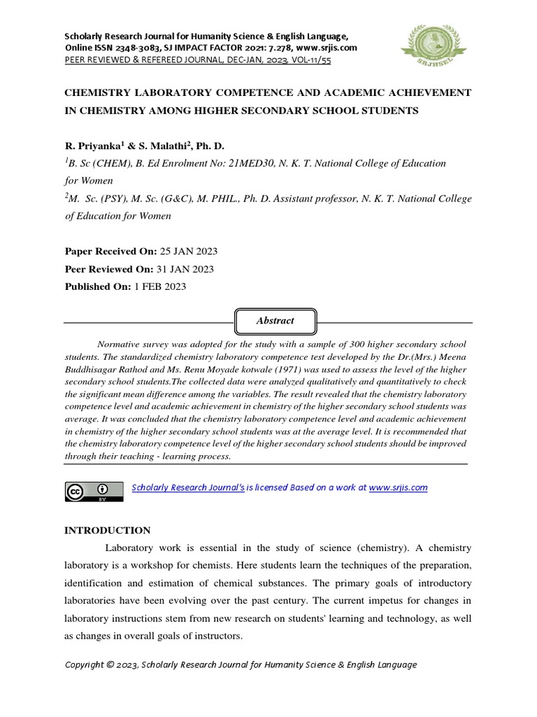 Chemistry Laboratory Competence and Academic Achievement in Chemistry ...