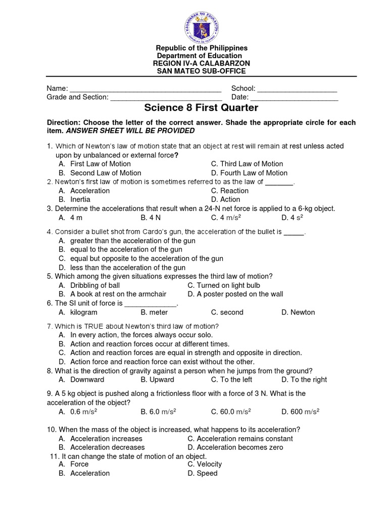 Grade 8 Science: Force and Motion Quiz | PDF | Force | Electrical ...