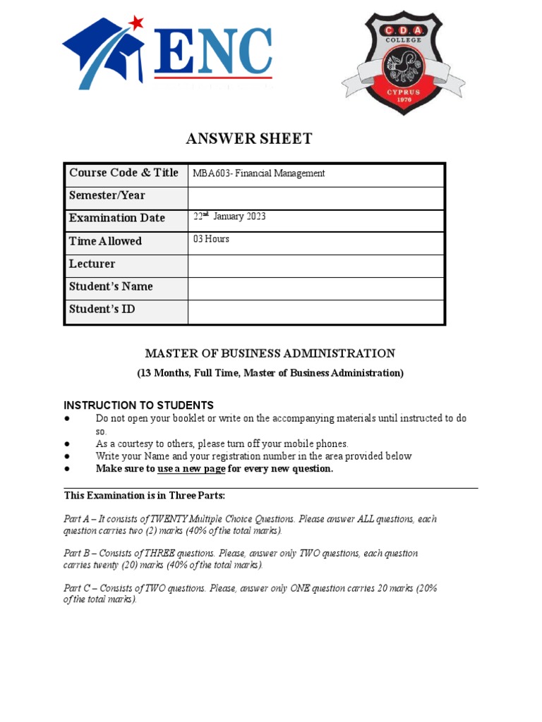 Financial Management Exam Answer Sheet | Download Free PDF | Qualifications