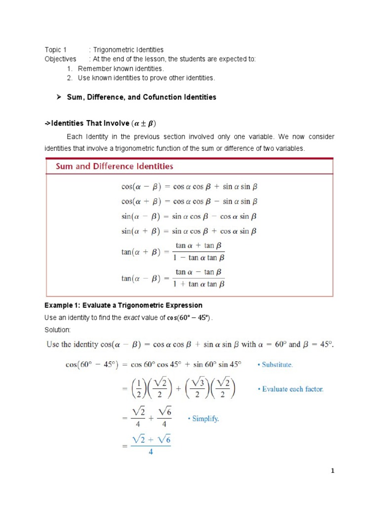 Lecture 2 (Sum, Difference and Cofunction Identities) | PDF | Trigonometric Functions ...