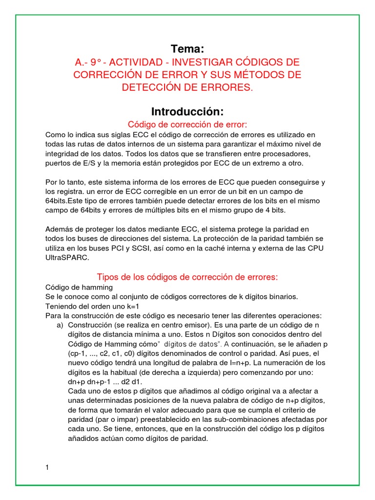 A. - 9° - Actividad - Investigar Codigos de Correccion de Error y Sus ...
