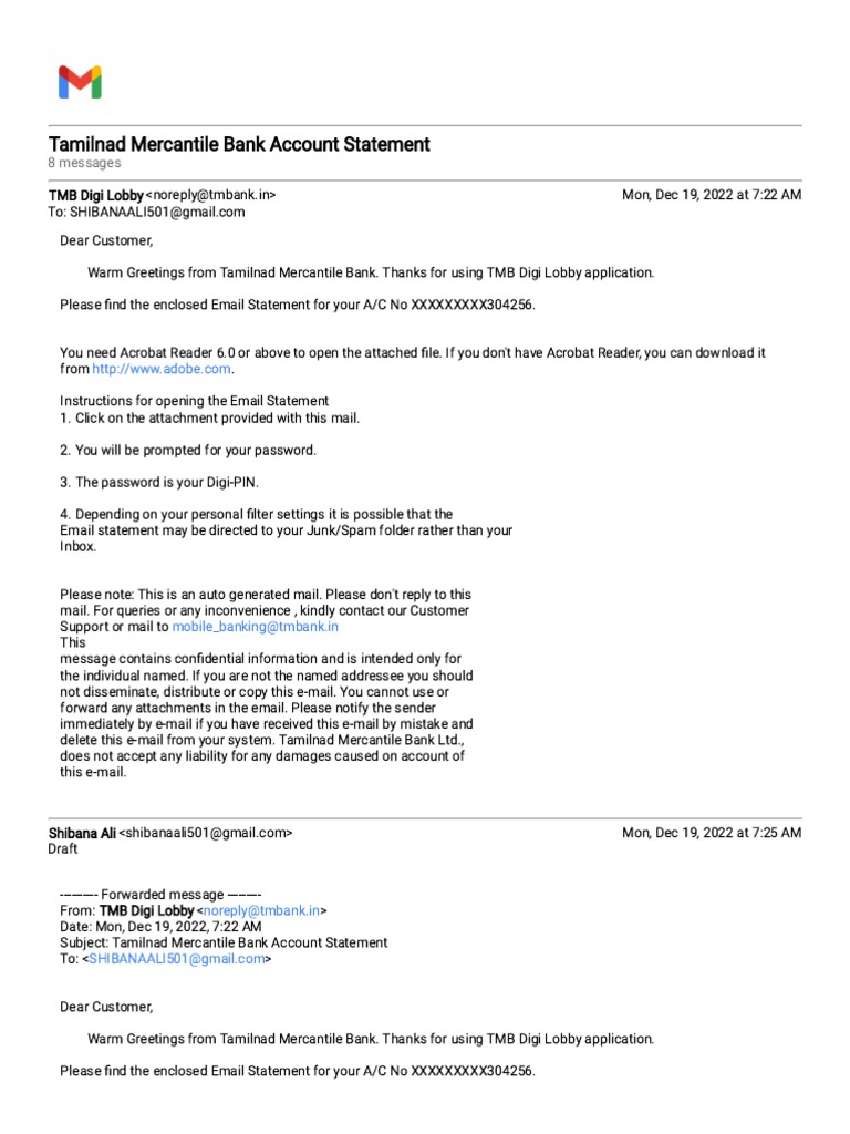 Gmail - Tamilnad Mercantile Bank Account Statement | PDF | Email Spam ...