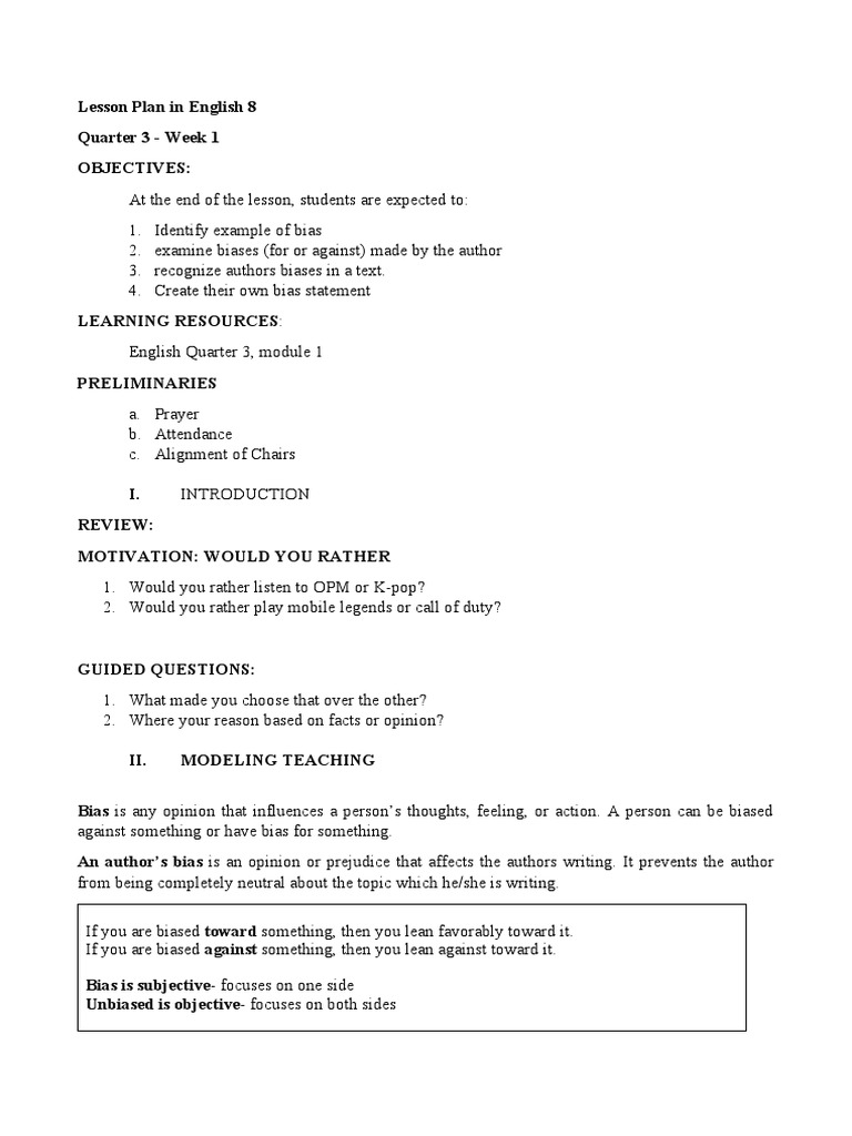 English 8 Lesson: Identifying Bias | PDF | Bias