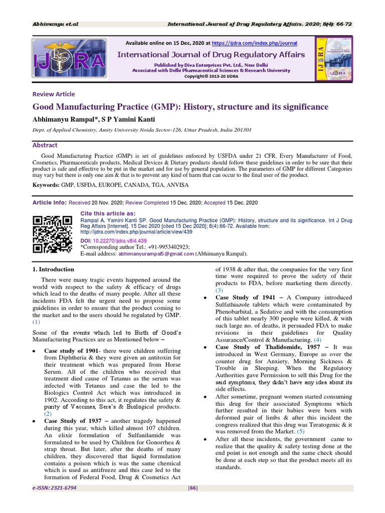 Good Manufacturing Practice (GMP) : History, Structure and Its ...