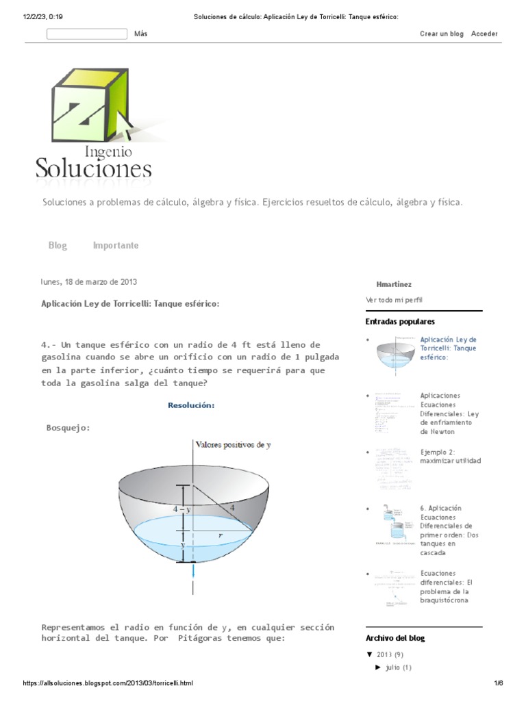 Soluciones de Cálculo - Aplicación Ley de Torricelli - Tanque Esférico ...