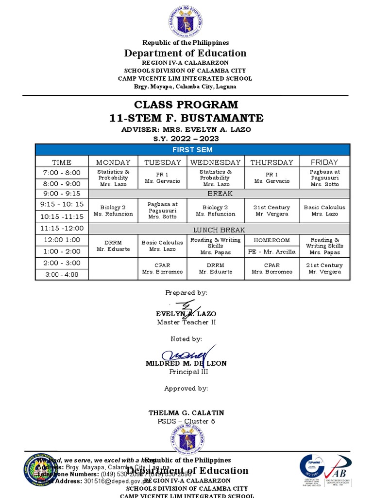 Class Schedules for Grades 11 STEM, ABM at Camp Vicente Lim Integrated ...