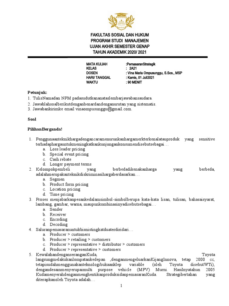 Jawaban Uas Pemasaran Strategik | PDF | Bisnis | Seni