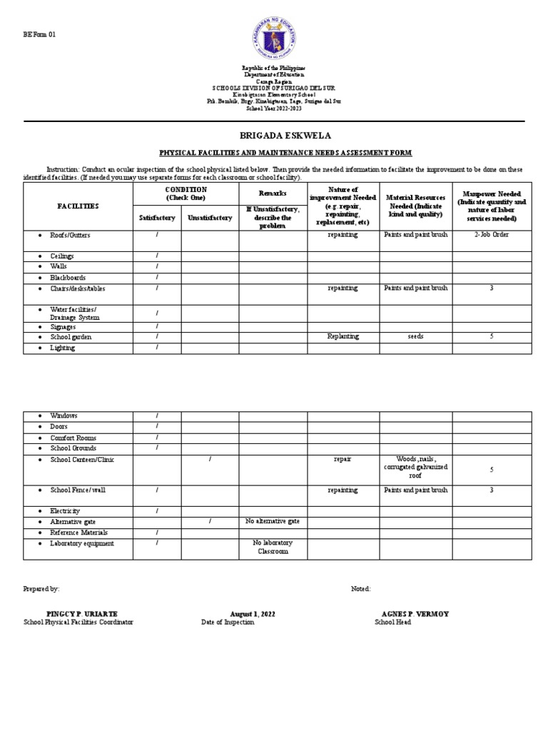 Be Form 1 Physical Facilities and Maintenance Needs Assessment Form | PDF