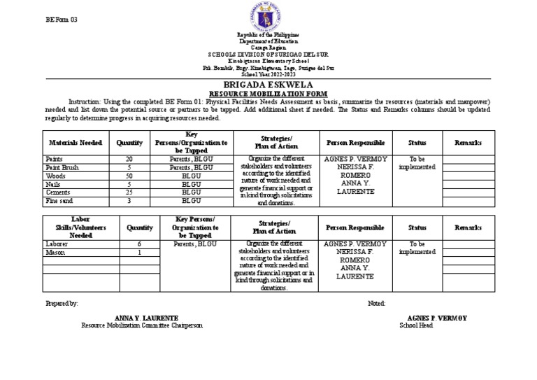Be Form 3 Resource Mobilization Form | PDF