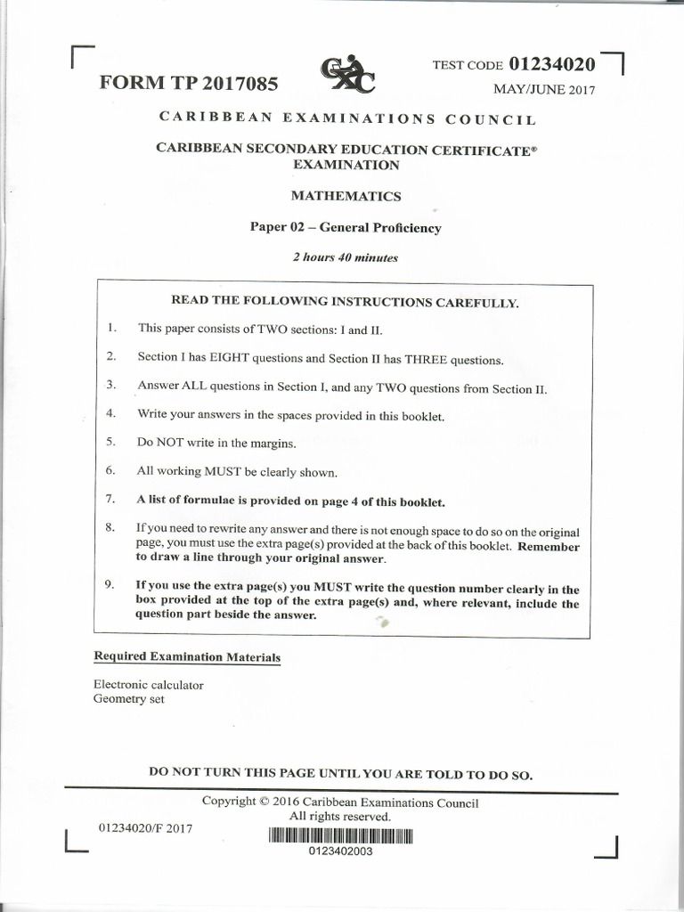 CXC CSEC Many-June 2017 - Mathematics Paper 2 | PDF