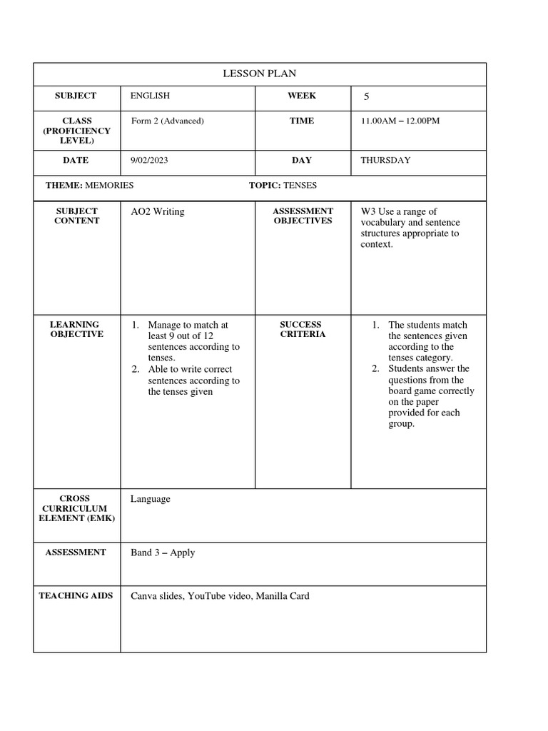 Mock Lesson Plan on Tenses | PDF | Lesson Plan | Teachers