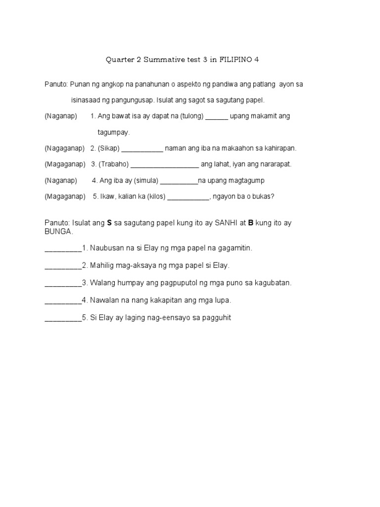 Quarter 2 Summative Test 3 in Filipino 4 | PDF