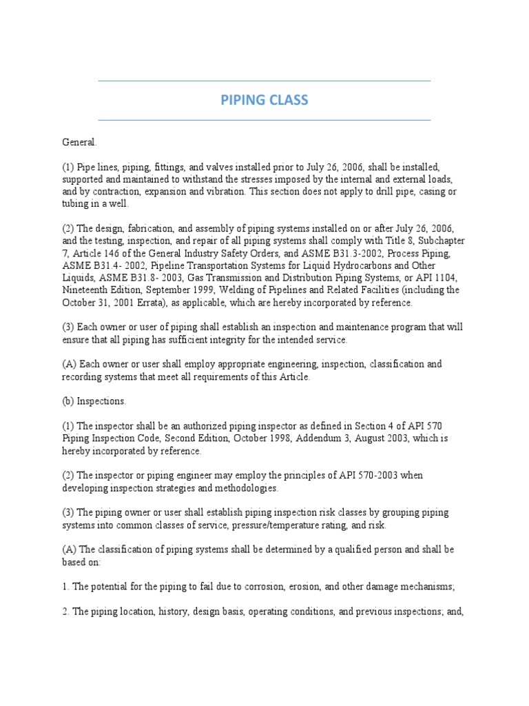 Piping Class | PDF | Pipe (Fluid Conveyance) | Valve