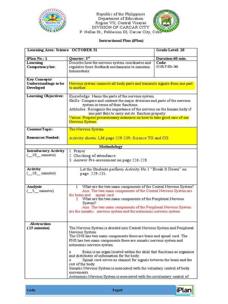 Nervous System Lesson Plan for Grade 10 | PDF | Nervous System ...