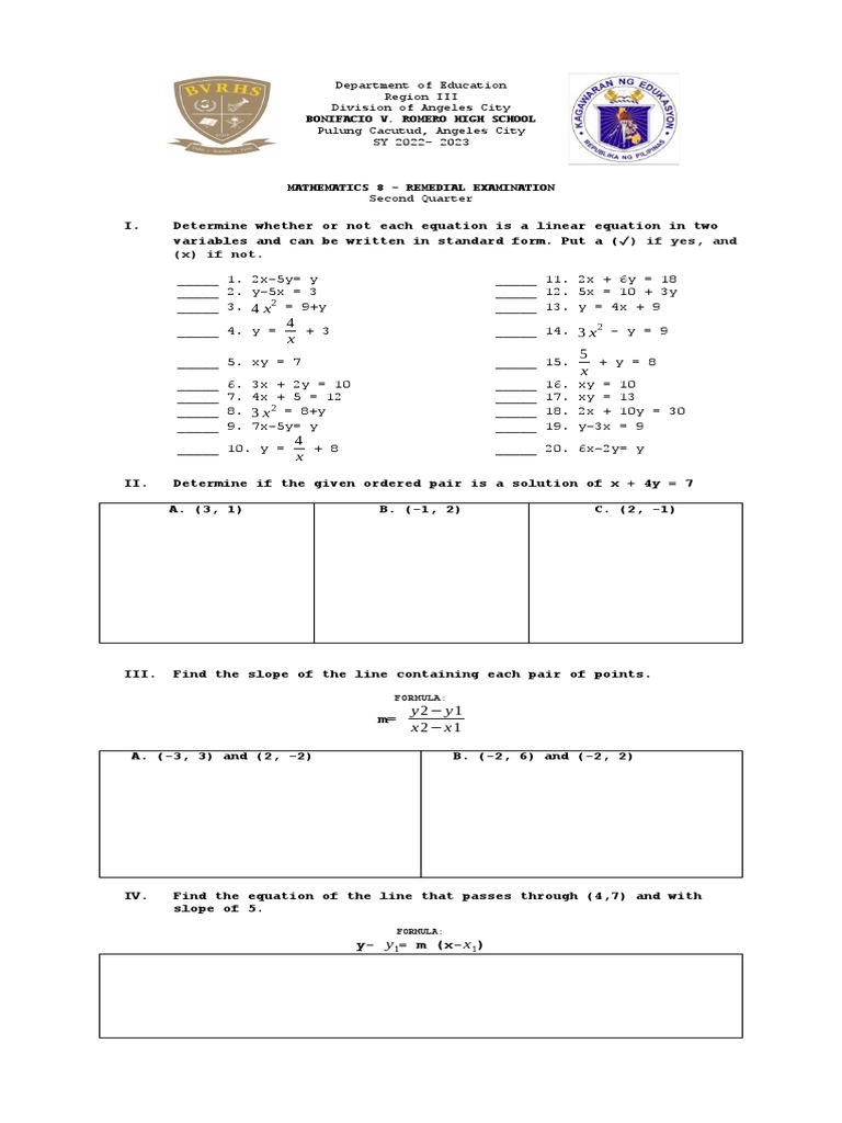 Math Remedial | PDF | Equations | System Of Linear Equations