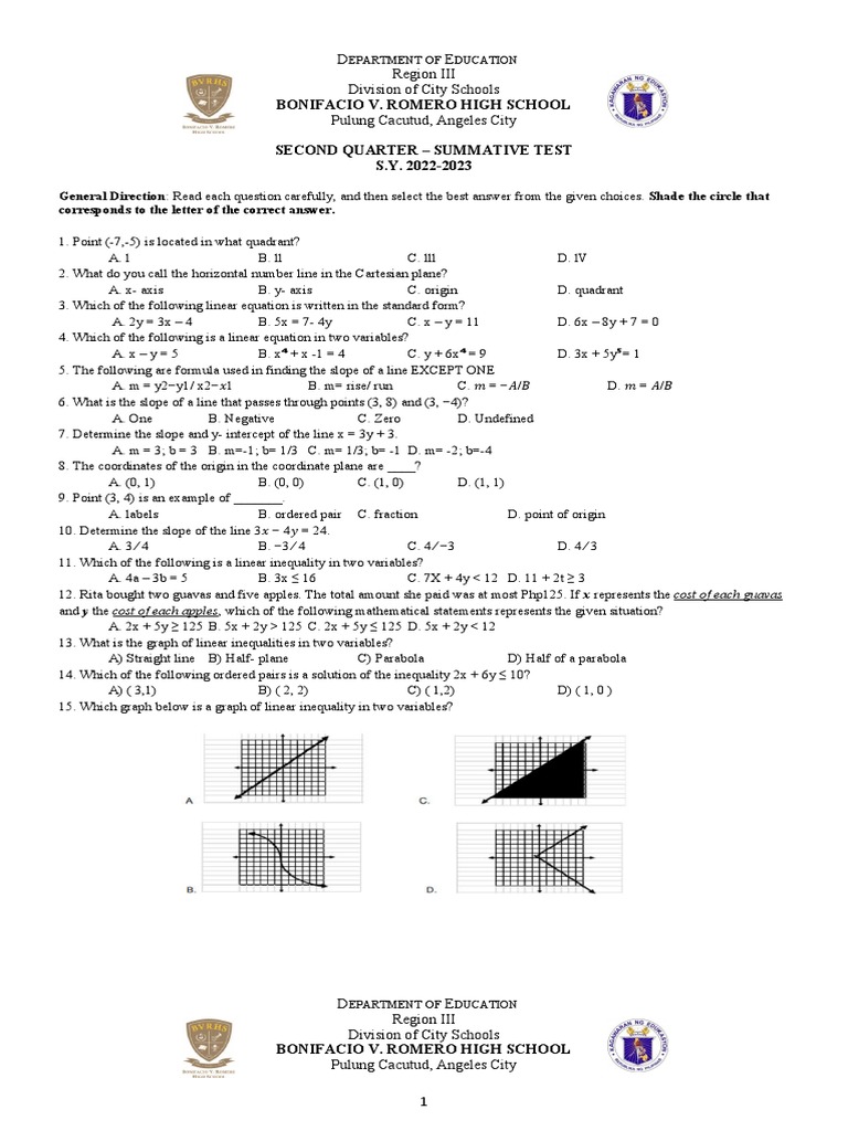Quarter 2 Summative Test | PDF | Cartesian Coordinate System | Algebra