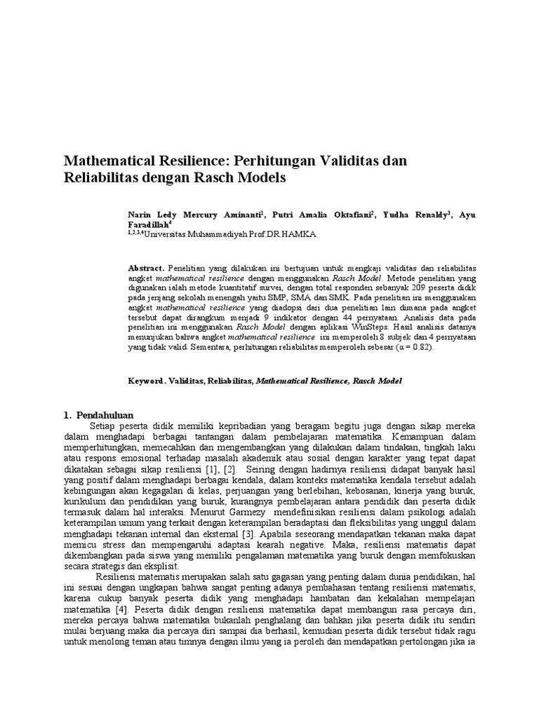 Validitas Dan Reliabilitas Mathematical Resilience (Cek Turnitin) | PDF