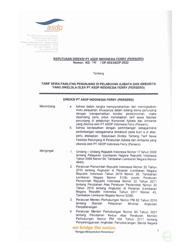 KD Tarif Sewa Fasilitas Penunjang Di Pelabuhan Ajibata Dan Ambarita Yang Di Kelola PT Asdp | PDF