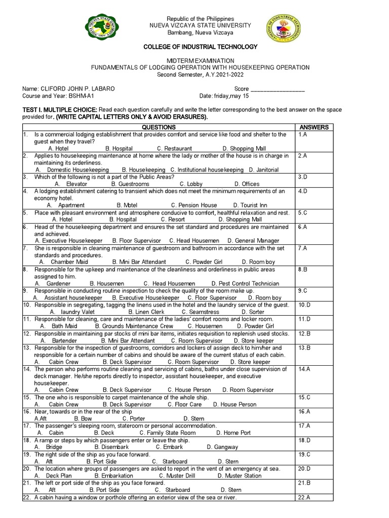 Housekeeping Operations Exam Guide | PDF | Cabin (Ship) | Vacuum Cleaner