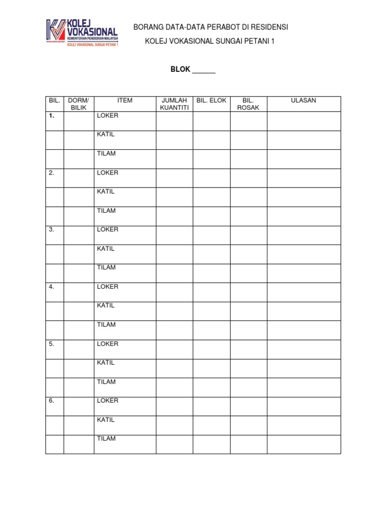 Borang Data Perabot | PDF