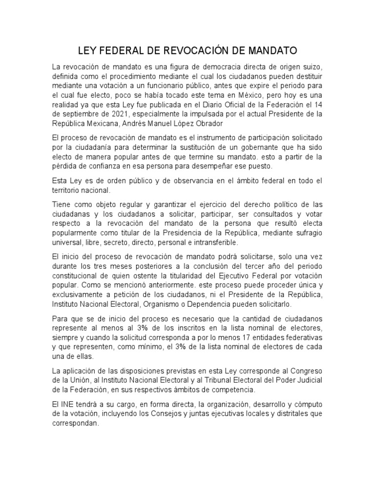 Ley Federal De Revocación De Mandato Descargar Gratis Pdf México