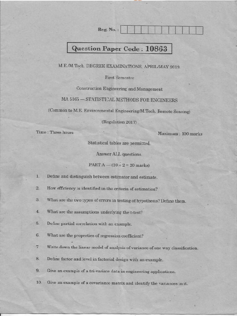 Anna University MA 5165-STATISTICAL METHODS FOR ENGINEERS | PDF