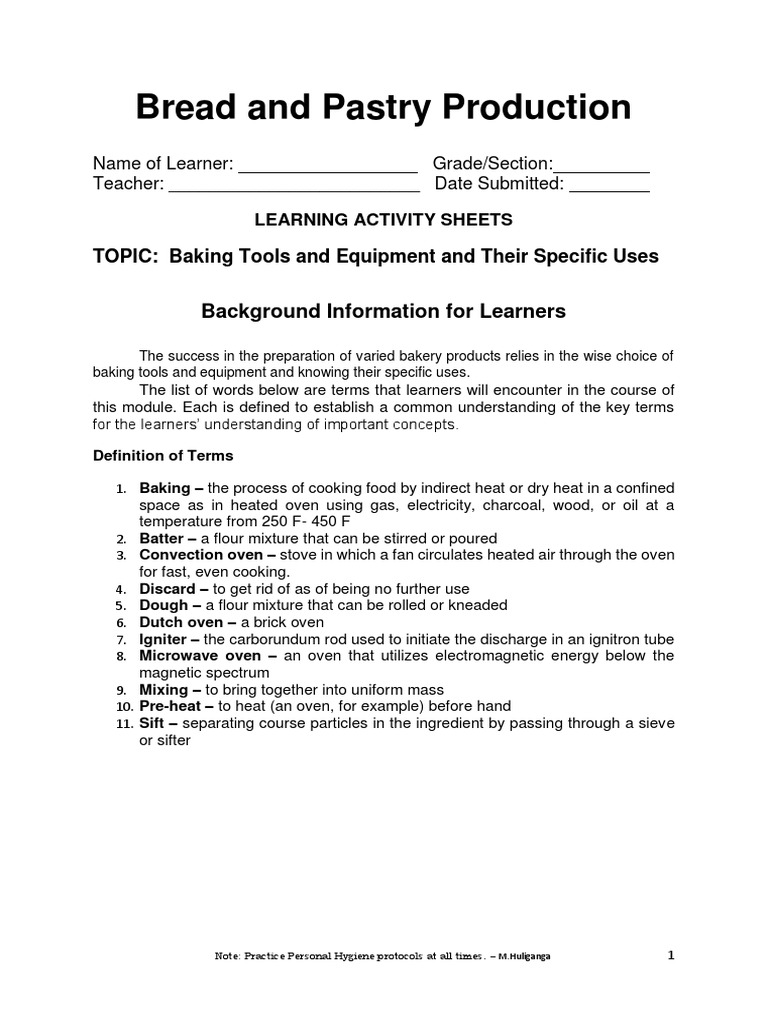 BPP Las Baking Tools and Equipment and Their Specific Uses | PDF ...