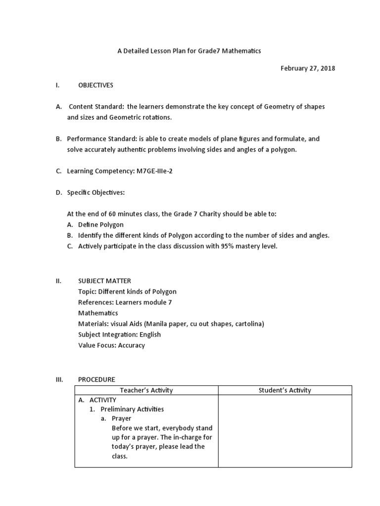 A Detailed Lesson Plan For Grade7 Mathematics Robert | PDF | Polygon ...