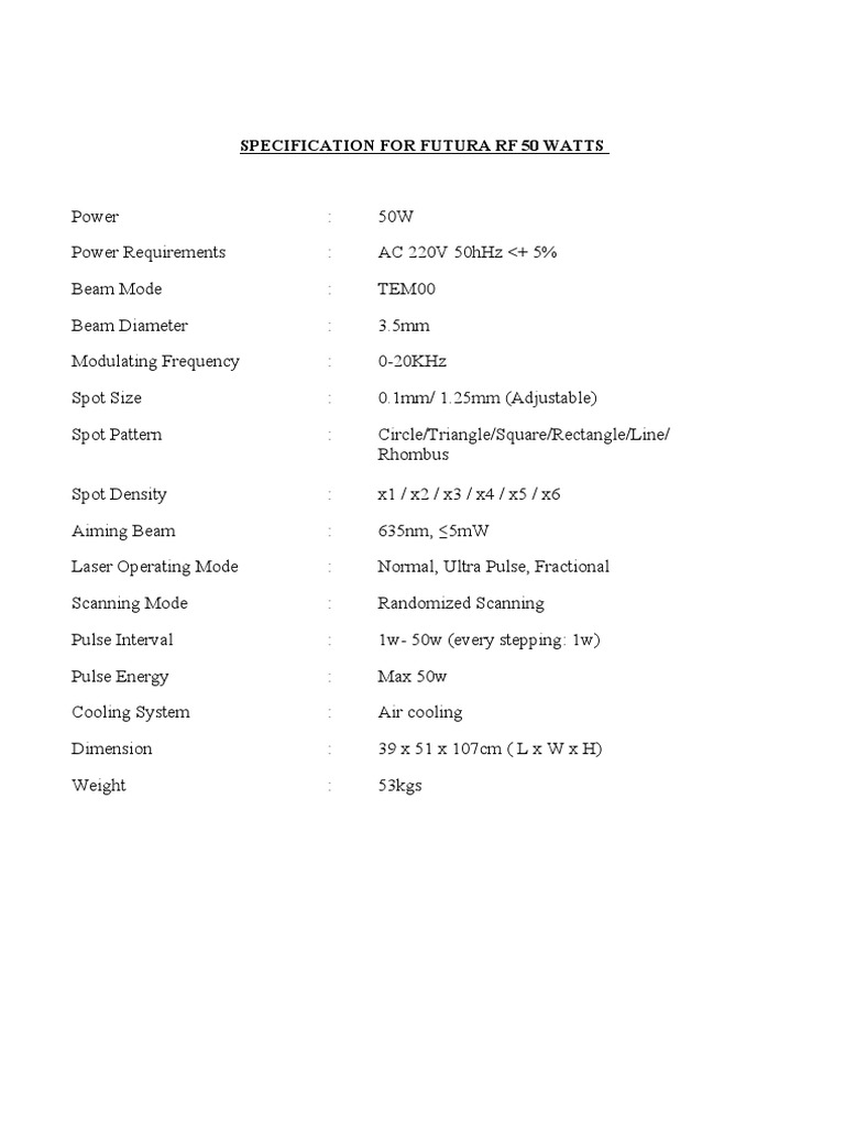 Specification Futura RF 50 | PDF