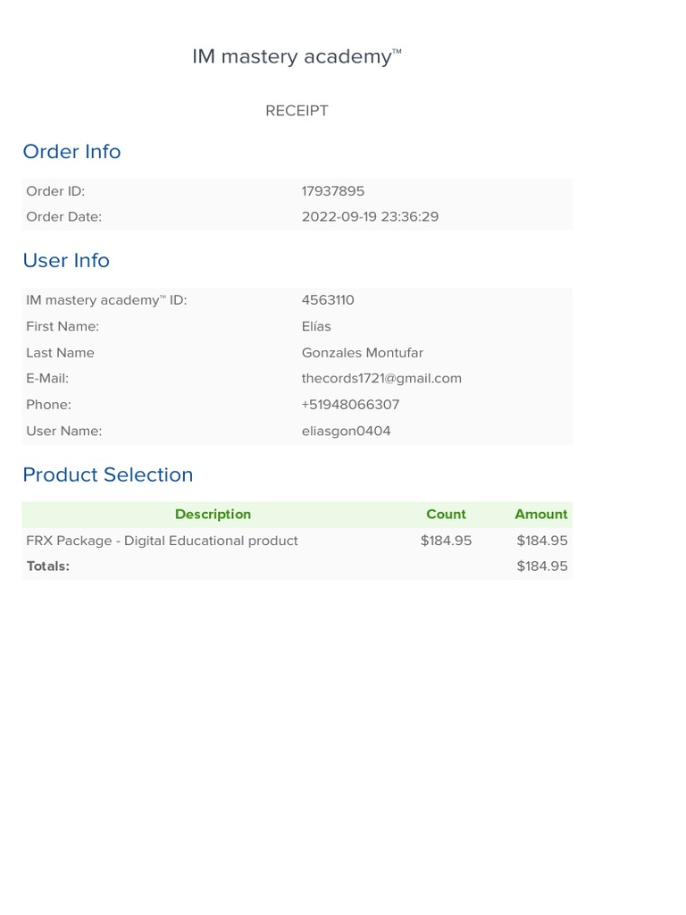 IM Mastery Academy™ - Receipt | PDF