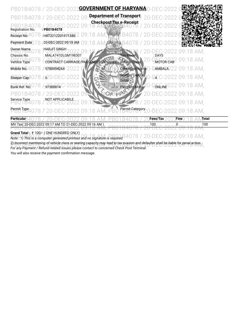 Haryana Checkpost Tax e-Receipt | PDF | Payments | Land Transport